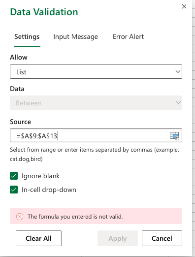 Data Validation -> Allow List -> "The formula you entered is not valid" (Excel online for ...